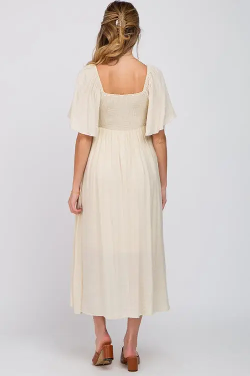 PINKBLUSH Front Tie Ruffle Sleeve Maternity Midi Dress - Beige
