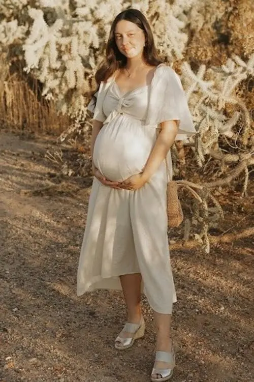 PINKBLUSH Front Tie Ruffle Sleeve Maternity Midi Dress - Beige
