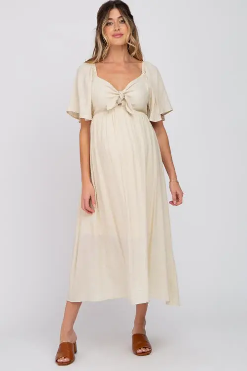 PINKBLUSH Front Tie Ruffle Sleeve Maternity Midi Dress - Beige