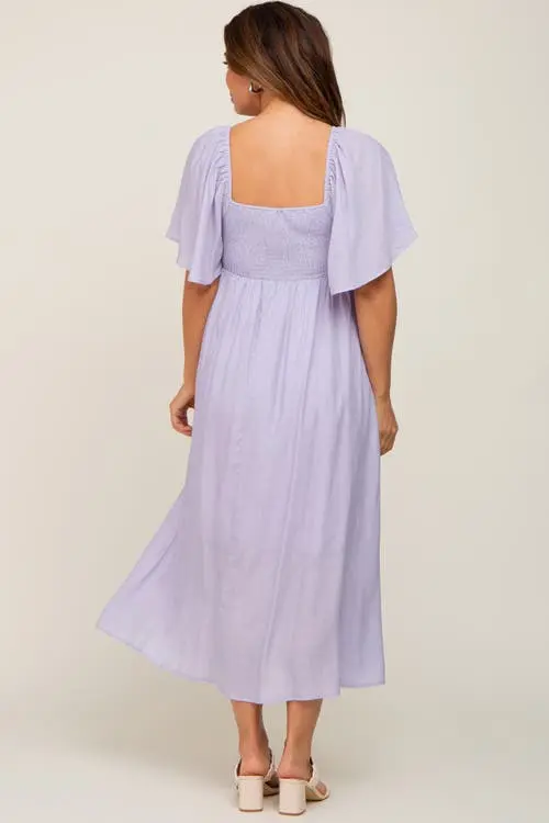 PINKBLUSH Front Tie Ruffle Sleeve Maternity Midi Dress - Lavender