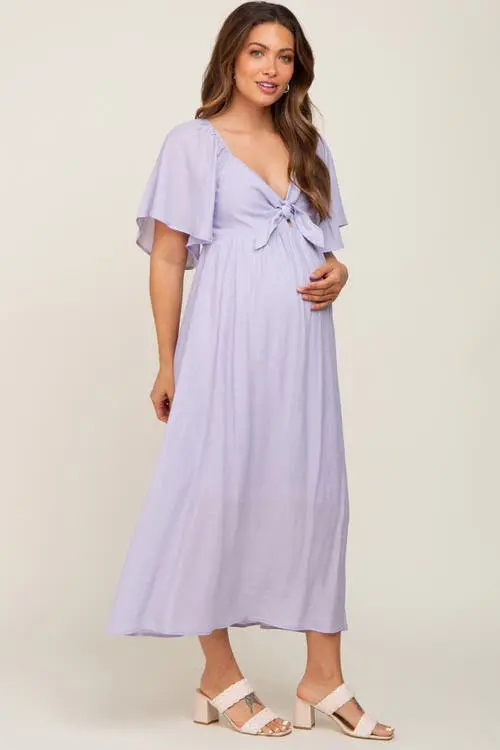 PINKBLUSH Front Tie Ruffle Sleeve Midi Dress - Lavender
