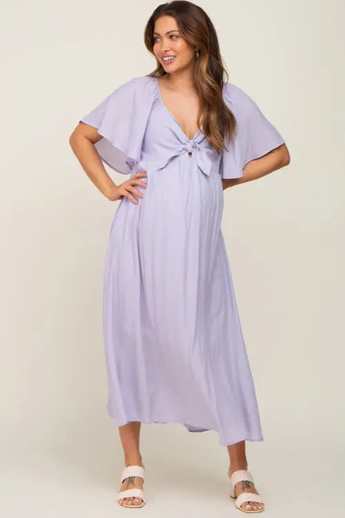 PINKBLUSH Front Tie Ruffle Sleeve Maternity Midi Dress - Lavender