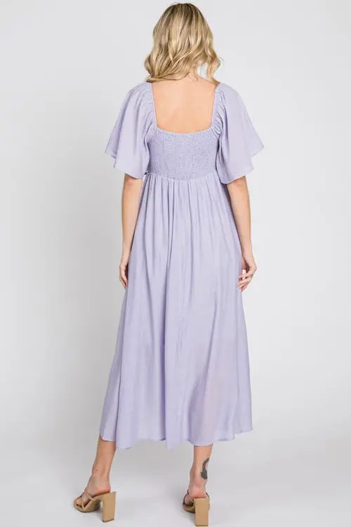 PINKBLUSH Front Tie Ruffle Sleeve Maternity Midi Dress - Lavender