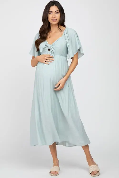 PINKBLUSH Front Tie Ruffle Sleeve Maternity Midi Dress - Light Blue