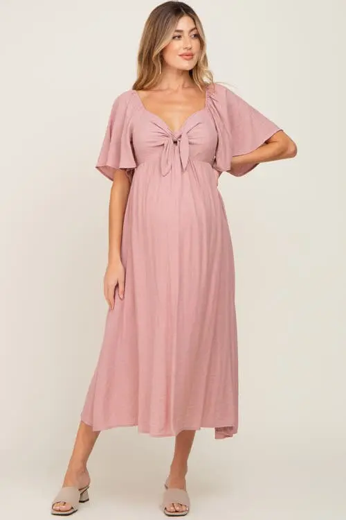 PINKBLUSH Front Tie Ruffle Sleeve Midi Dress - Mauve