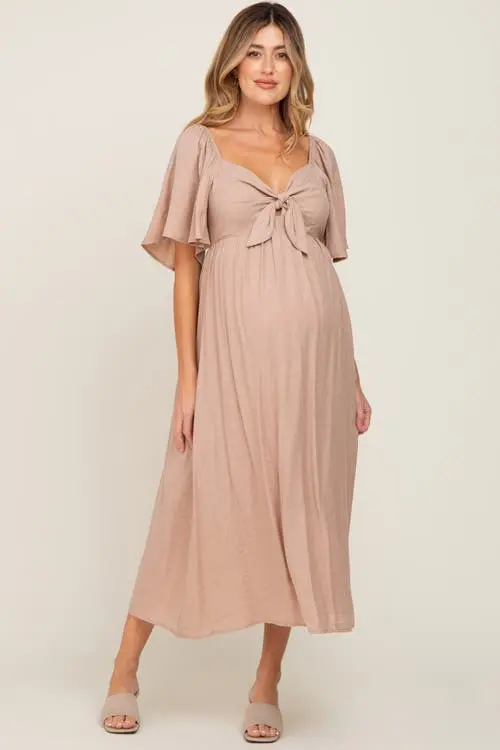 PINKBLUSH Front Tie Ruffle Sleeve Midi Dress - Mocha