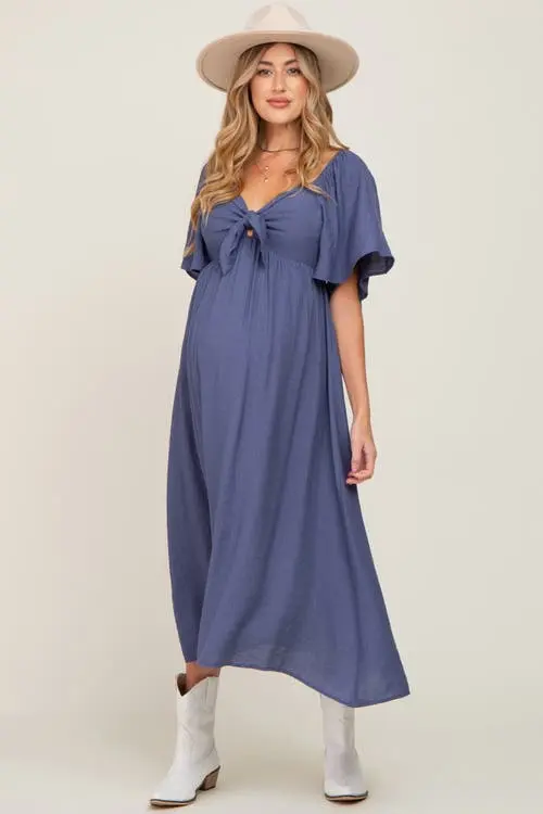 PINKBLUSH Front Tie Ruffle Sleeve Midi Dress - Navy Blue