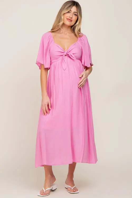 PINKBLUSH Front Tie Ruffle Sleeve Midi Dress - Pink
