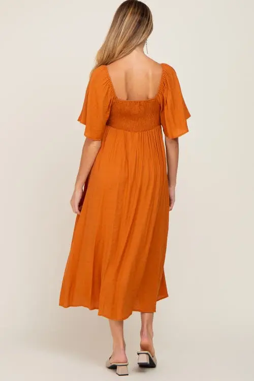 PINKBLUSH Front Tie Ruffle Sleeve Maternity Midi Dress - Rust