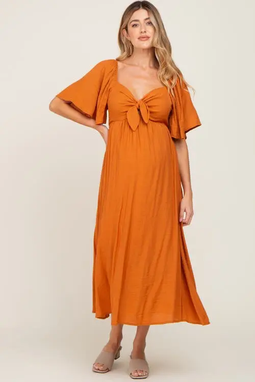 PINKBLUSH Front Tie Ruffle Sleeve Maternity Midi Dress - Rust