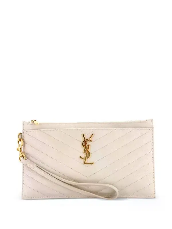 Saint Laurent Classic Monogram Zip Bill Matelasse Chevron Leather Large Pouch - Neutrals