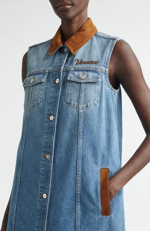 Versace Suede Trim Denim Shirtdress