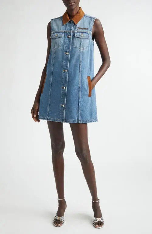 Versace Suede Trim Denim Shirtdress - Medium Blue