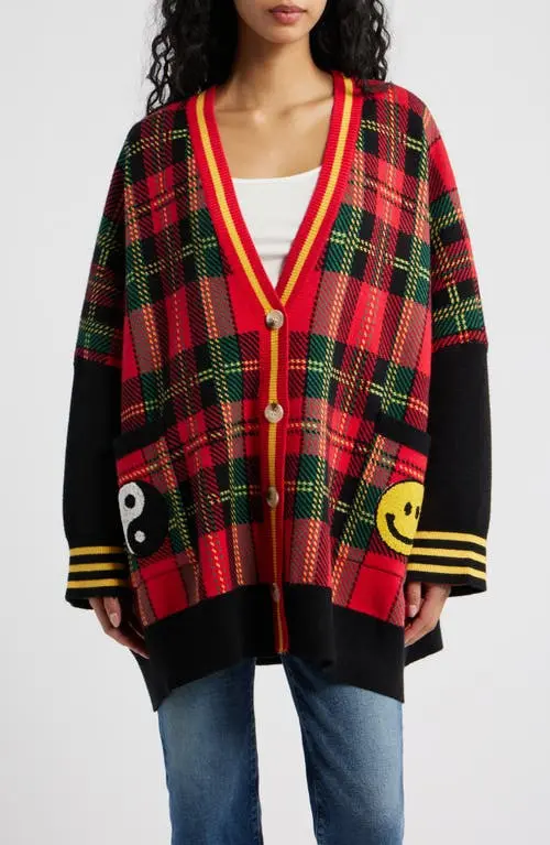 DRESSED IN LALA Plaid Longline Cardigan - Red Plaid
