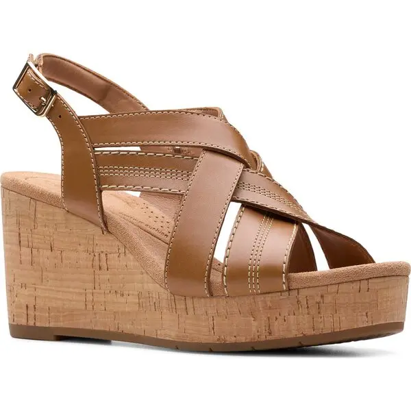 Clarks Savina Slingback Wedge Sandal - Tan Leather