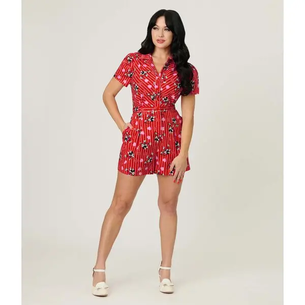 Unique Vintage Button Front Romper - Red & White Stripe