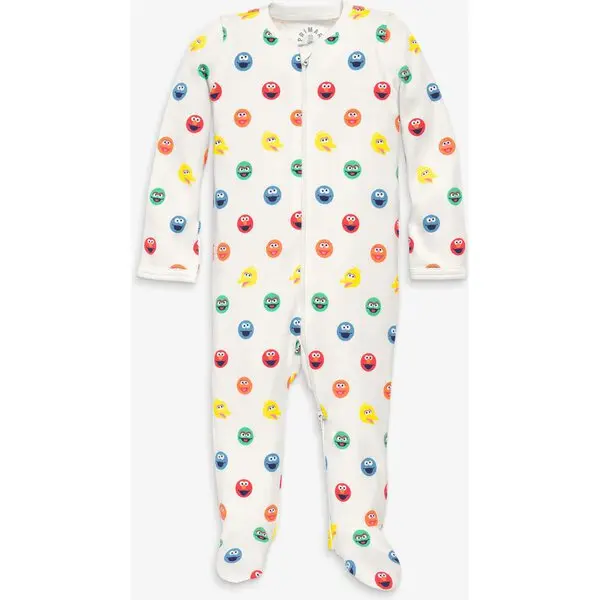 PRIMARY Baby Organic Sesame Street Friends Zip Footie - Ivory Rainbow Sesame Street