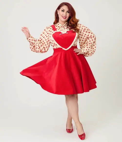 Unique Vintage Bib Pinafore Skirt - Red Solid