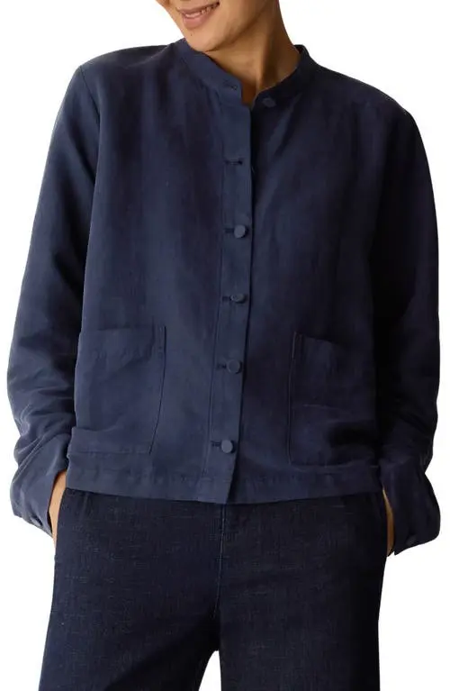 Eileen Fisher Mandarin Collar Linen & Silk Twill Jacket - Ink