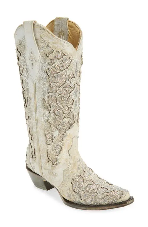 CORRAL Glitter Mid Calf Western Boot - White/bone