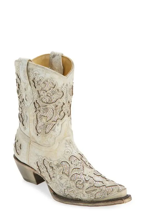 CORRAL Glitter Inlay & Crystal Western Boot - White/bone