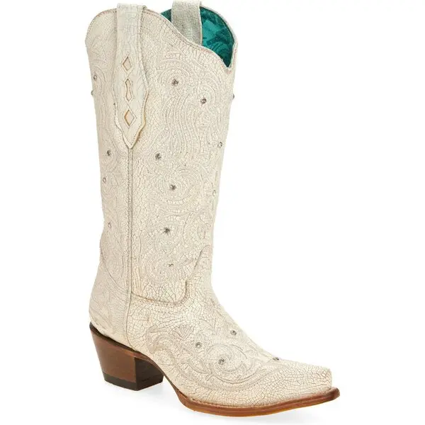 CORRAL Crystal & Embroidered Crackled Mid Calf Western Boot - Bone