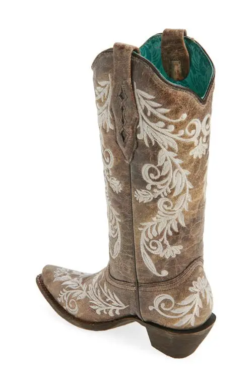CORRAL Embroidered Crackled Mid-calf Western Boots - Brown/white