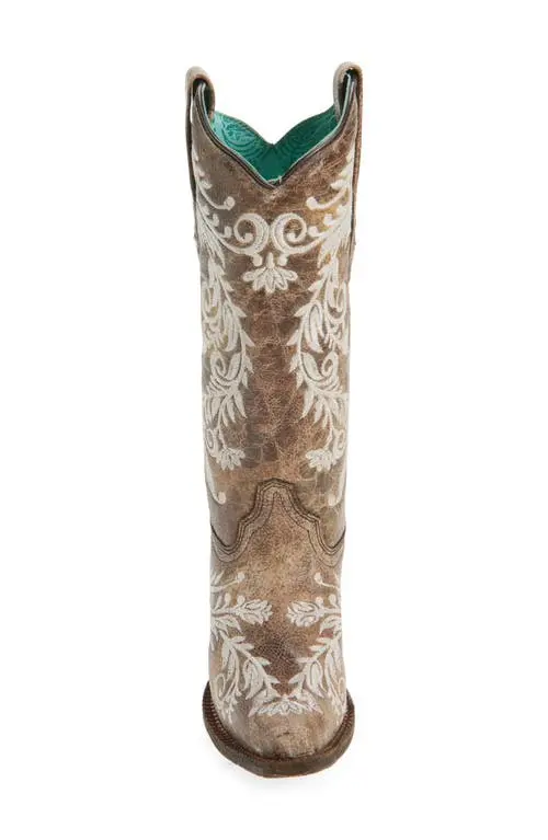 CORRAL Embroidered Crackled Mid-calf Western Boots - Brown/white