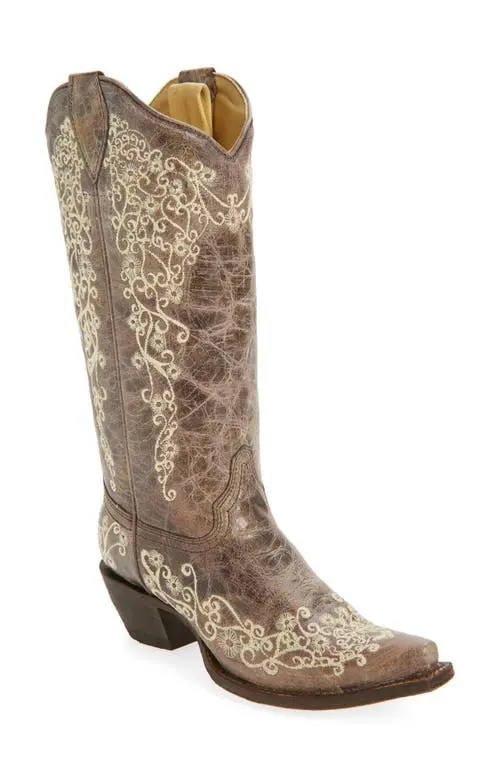 CORRAL Embroidered Crackled Mid Calf Western Boot - Brown