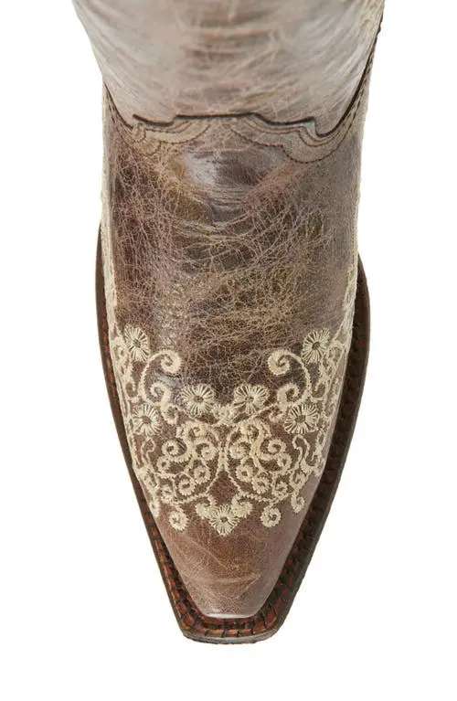 CORRAL Embroidered Crackled Leather Mid Calf Western Boot - Brown
