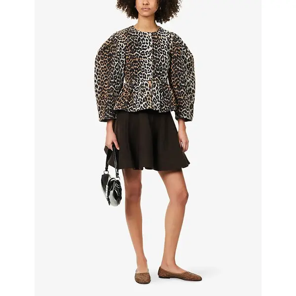 GANNI Leopard Peplum Cotton-blend Top