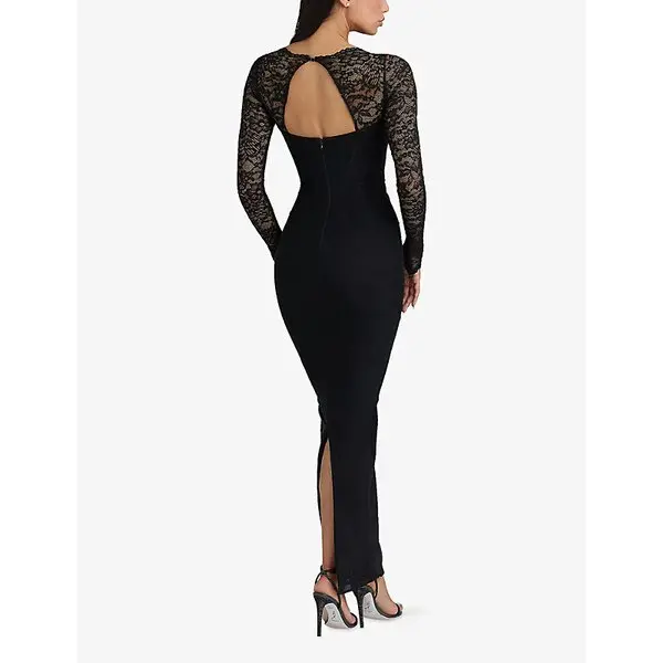 house of cb black lace maxi dress 'Shiloh' Black Lace Long Sleeved Corset Maxi Dress