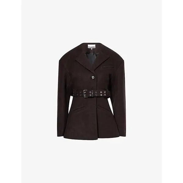 GANNI Belted Single-breasted Wool-blend Jacket
