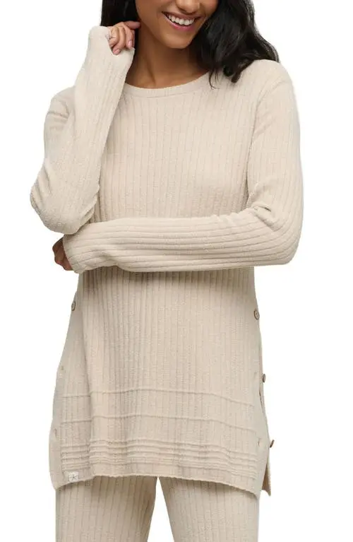 Barefoot Dreams Cozychic Ultra Lite Textured Ribbed Button Sweater - Stone