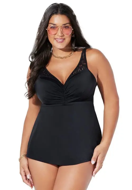 SWIMSUITS FOR ALL Bra Sized Crochet Underwire Tankini Top - Black
