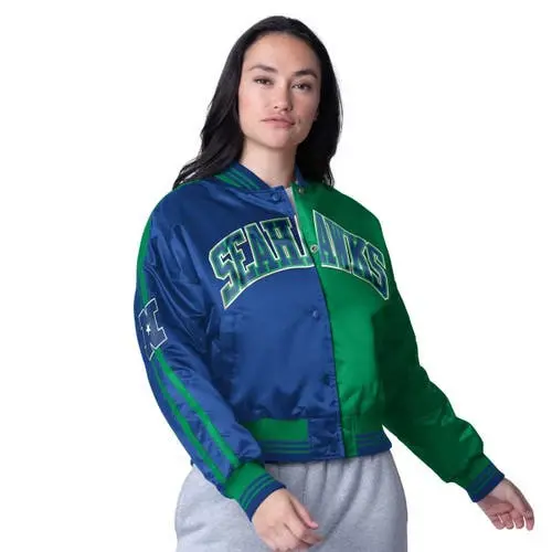 STARTER Neon Green Seattle Seahawks Zone Blitz Cropped Full-snap Satin Jacket - College Navy