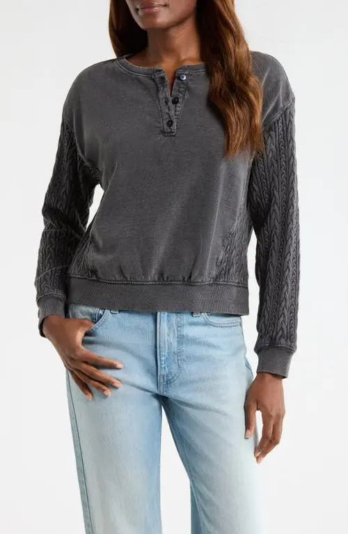 Lucky Brand Cable Stitch Sleeve Henley Top - Raven