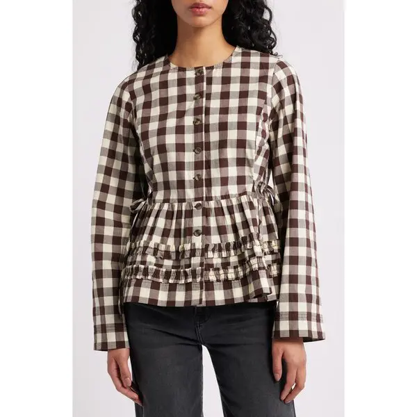 DAMSON MADDER Madison Gingham Long Sleeve Organic Cotton Top - Butter/brown