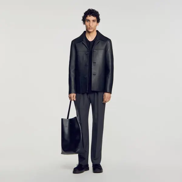 Sandro Buttoned Lambskin Leather Jacket - Black