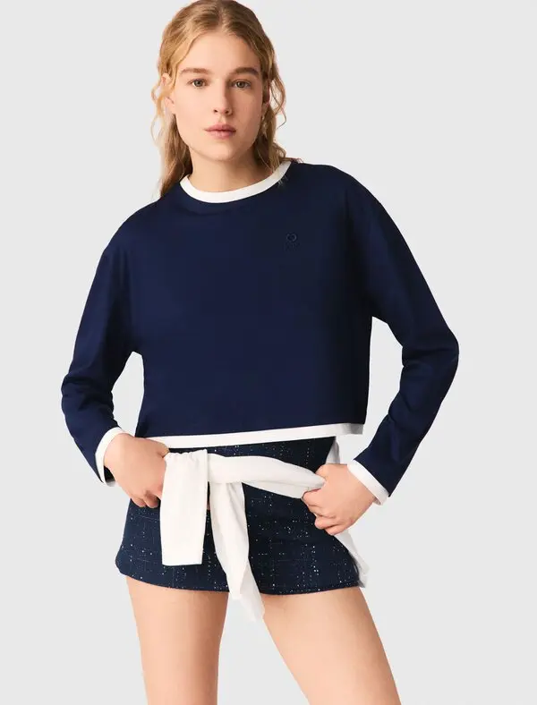 Maje Cropped T-shirt With Layered Effect And Embroidered Logo