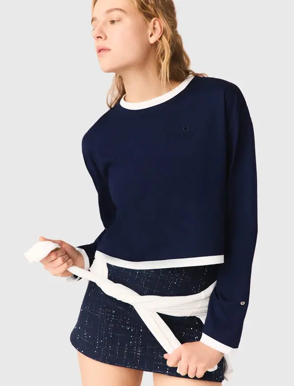 Maje Cropped T-shirt With Layered Effect And Embroidered Logo