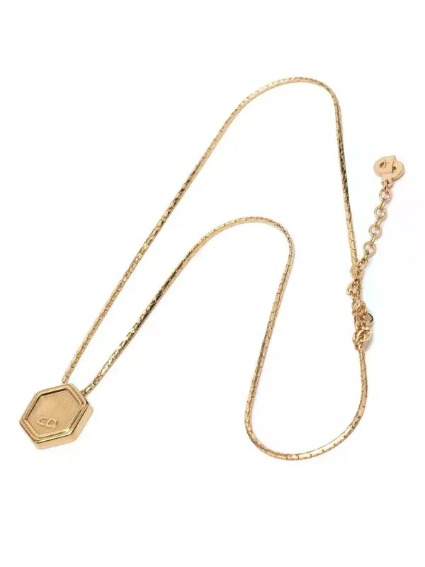 Dior 20th Century Plated Hexagon Logo Pendant Necklace - Gold