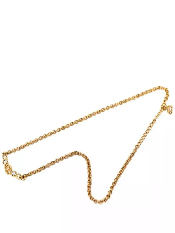 Dior Plated Rhinestone Logo Pendant Costume Necklace - Gold