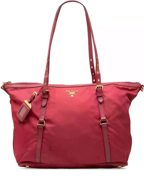 Prada Saffiano Trimmed Tessuto Zip Top Convertible Satchel - Red