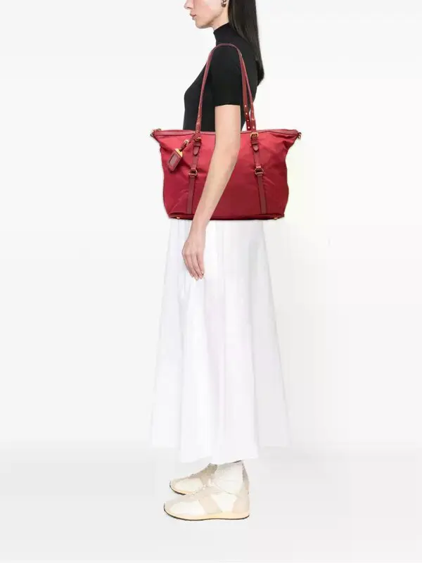 Prada Saffiano Trimmed Tessuto Zip Top Convertible Satchel - Red