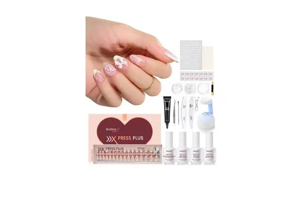 BEETLES X Press Short Almond French Tip Press-on Nails Gel Kit With Uv Light - Pink With White