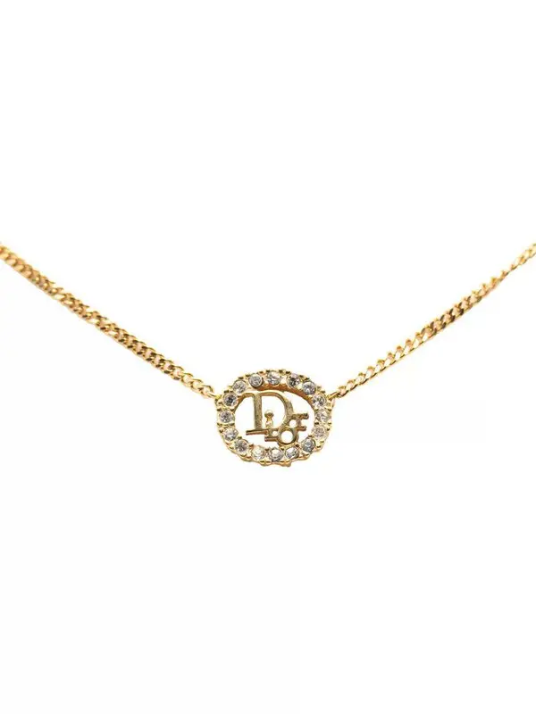 Dior Rhinestone Logo Pendant Necklace - Gold