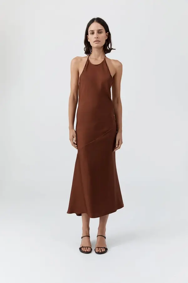 ST. AGNI Silk Twill Halter Dress - Brick