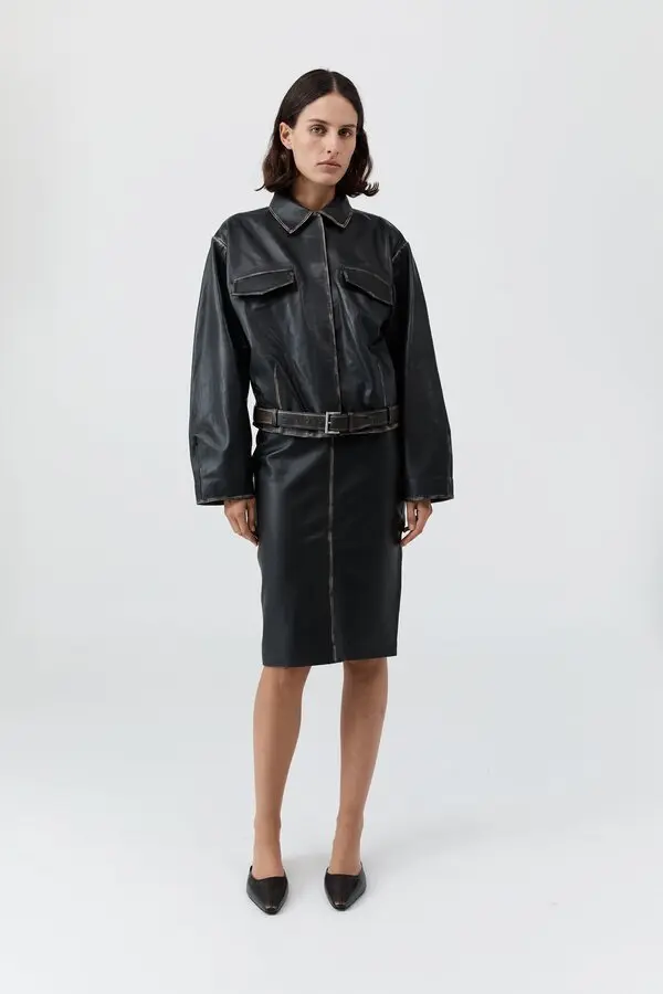 ST AGNI Brushed Leather Belted Jacket