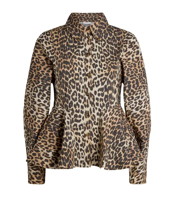 GANNI Organic Cotton Leopard Peplum Blouse - Beige